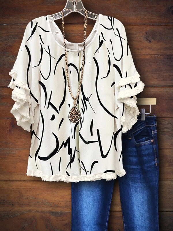 Abstract Line Print Fringed Blouse| sassygraceboutique – shopsassygrace