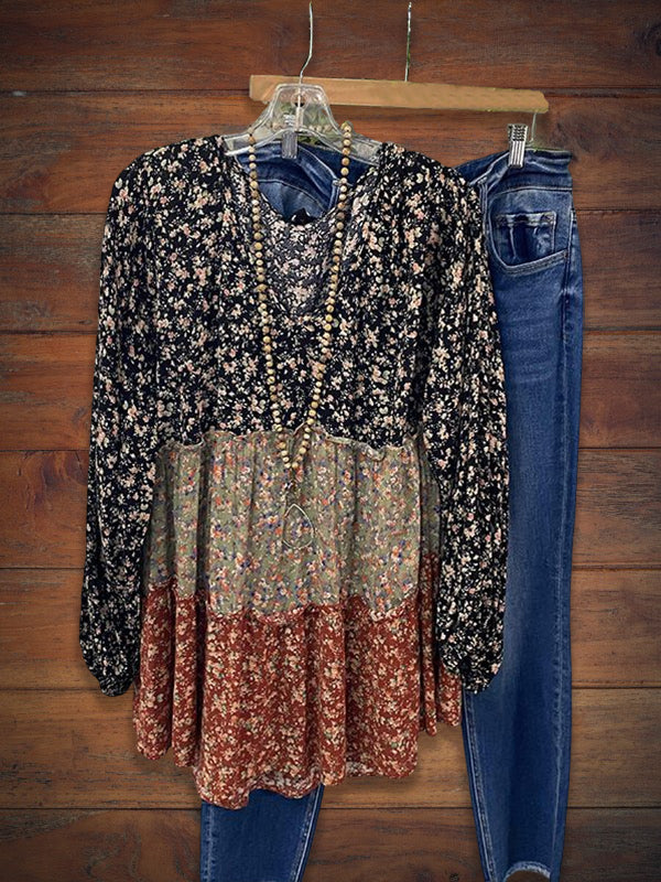 Women's t-shirt | Floral Tricolor Panel V-Neck Long Sleeve Pleated Top ...